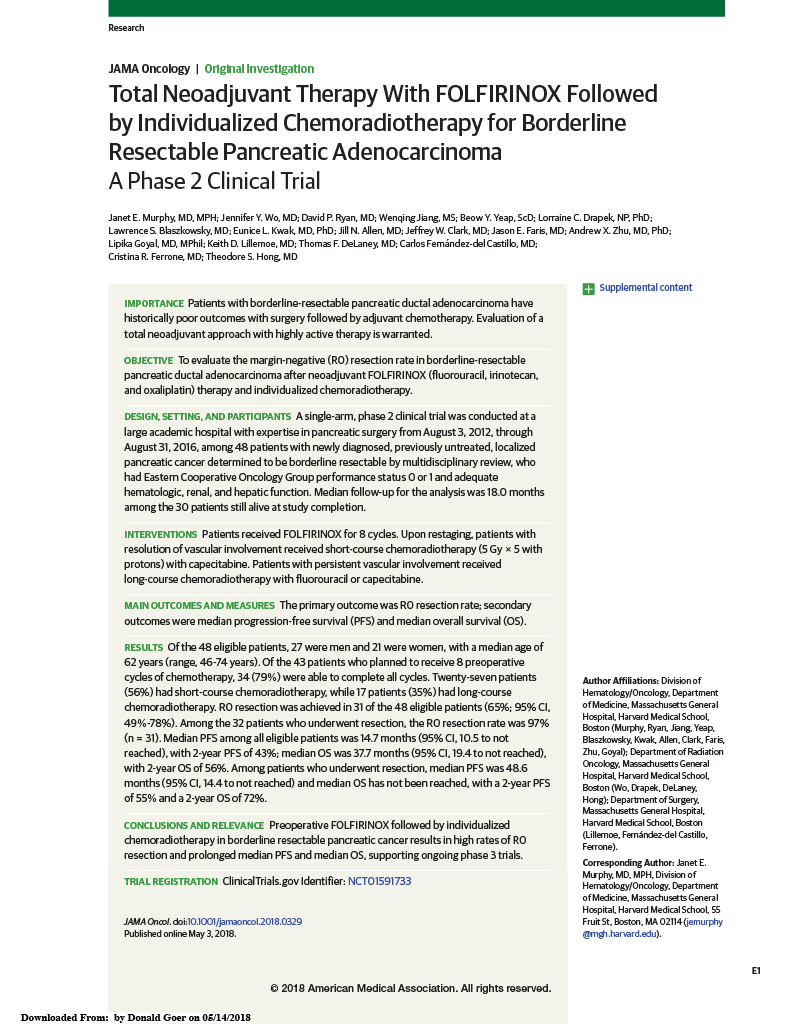 Total Neoadjuvant Therapy With FOLFIRINOX Followed by Individualized Chemoradiotherapy for ...